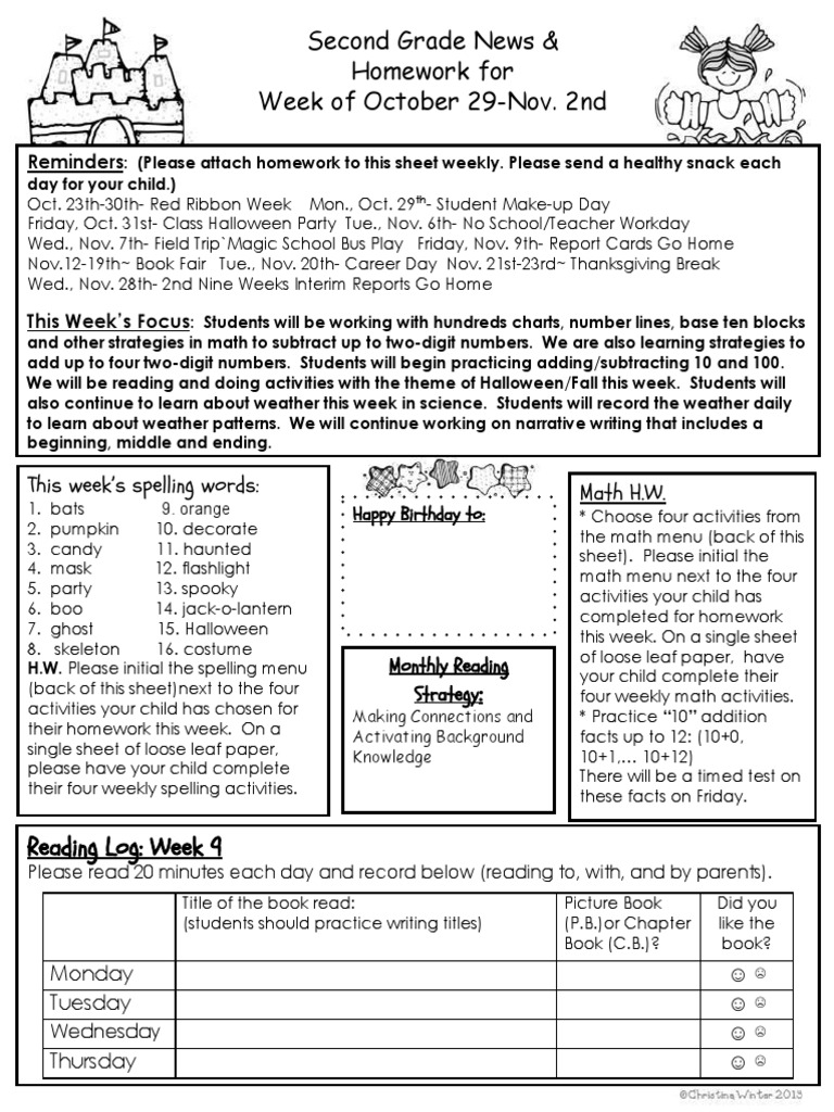 Second Grade News & Homework For Week of October 29-Nov. 2nd | PDF