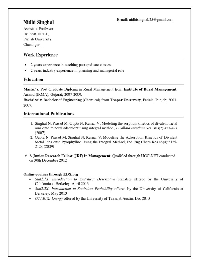 Nidhi Singhal: Academic Profile & Experience | PDF