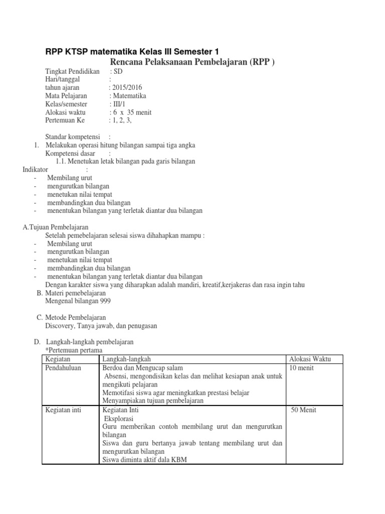 RPP KTSP Matematika Kelas III Semester 1 | PDF | Karier & Perkembangan