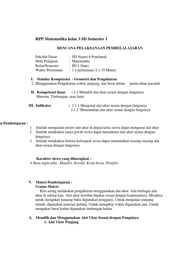 RPP Matematika Kelas 3 SD Semester 1 | PDF