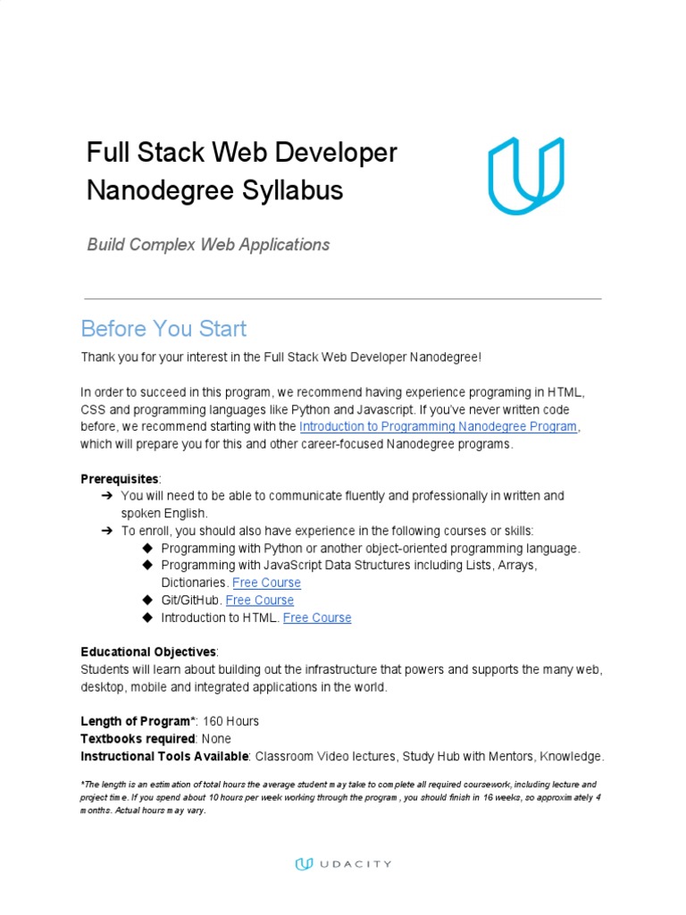 Full Stack Web Developer Nanodegree Syllabus: Before You Start | PDF ... Full Stack Web Developer Nanodegree Syllabus: Before You Start | PDF ...