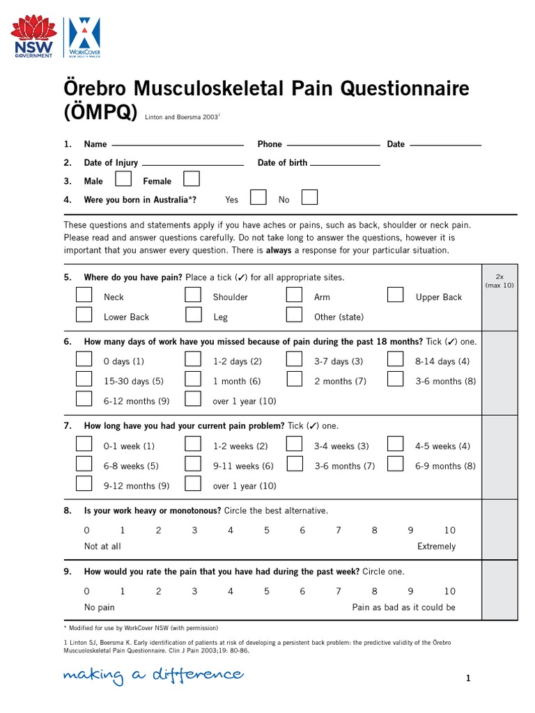 Orebro Musculoskeletal Pain Questionnaire Final | PDF | Pain | Psychology