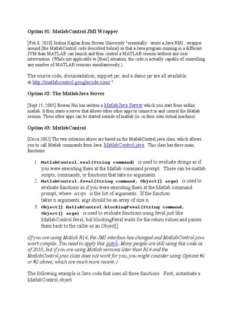 Option #1: Matlabcontrol Jmi Wrapper: Matlabcontrol - Feval (String Command, Object Args) | PDF ...