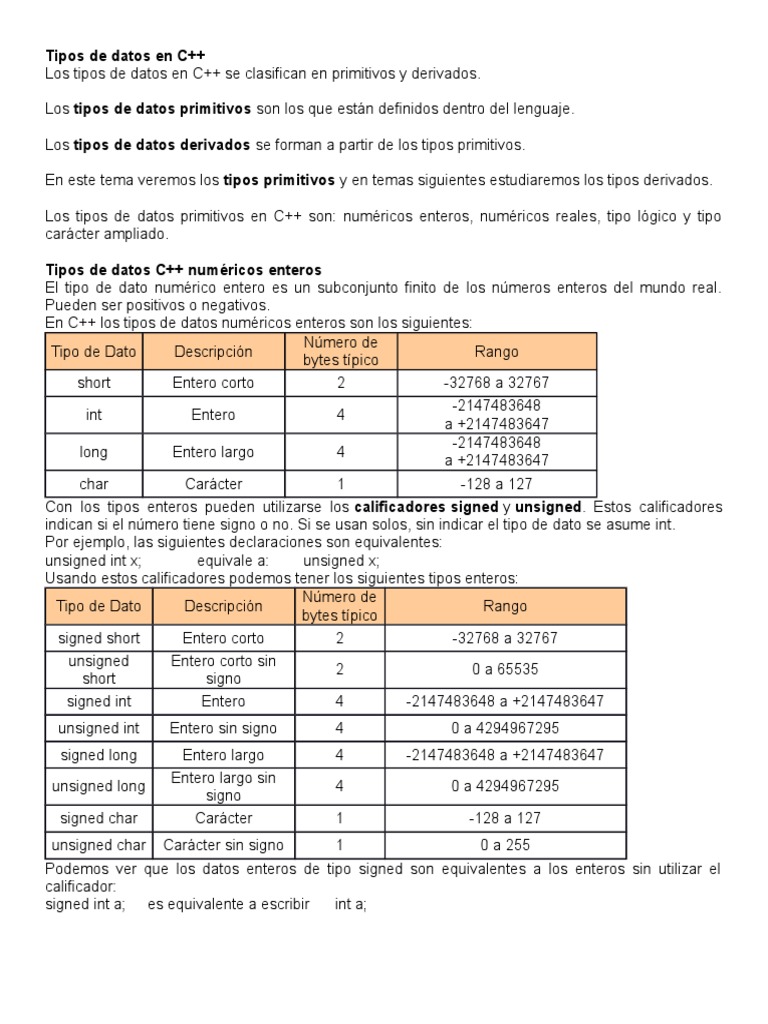Tipos de Datos en C++ | PDF | C ++ | Tipo de datos