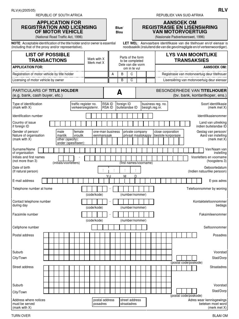 Application For Registration and Licencing of Motor Vehicle (Form RLV ...