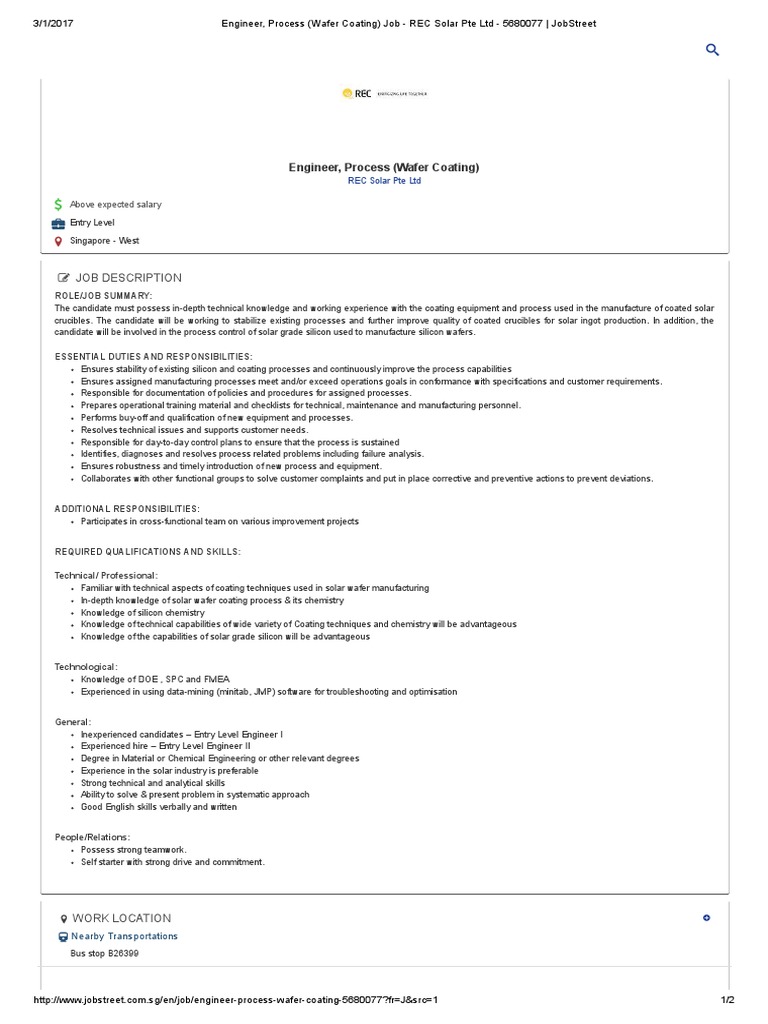 Engineer, Process (Wafer Coating) Job - REC Solar Pte LTD - 5680077 ...