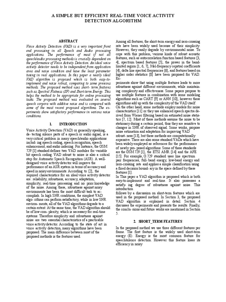 A Simple But Efficient Real-Time Voice Activity Detection Algorithm | PDF | Telecommunications ...