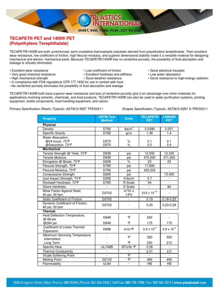 TECAPET® PET and 1400® PET (Polyethylene Terephthalate) : Property ASTM ...