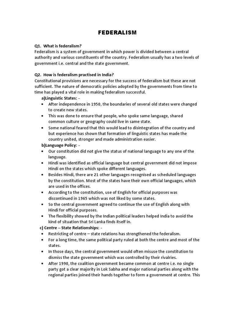 Federalism: Q1. What Is Federalism? | PDF | Government Of India ...
