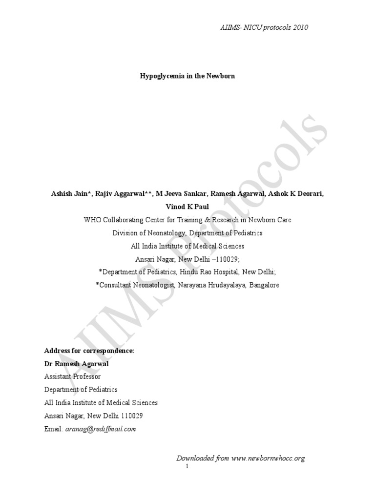 Hypoglycemia in The Newborn: AIIMS-NICU Protocols 2010 | PDF ...