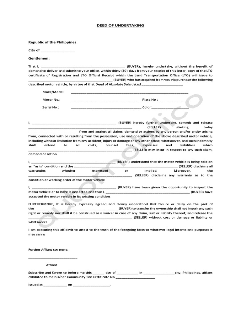 Notarized Deed of Undertaking Template | PDF | Deed | Civil Law (Legal ...