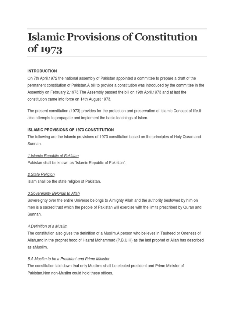 Islamic Provisions of Constitution of 1973 | PDF | Constitution ...