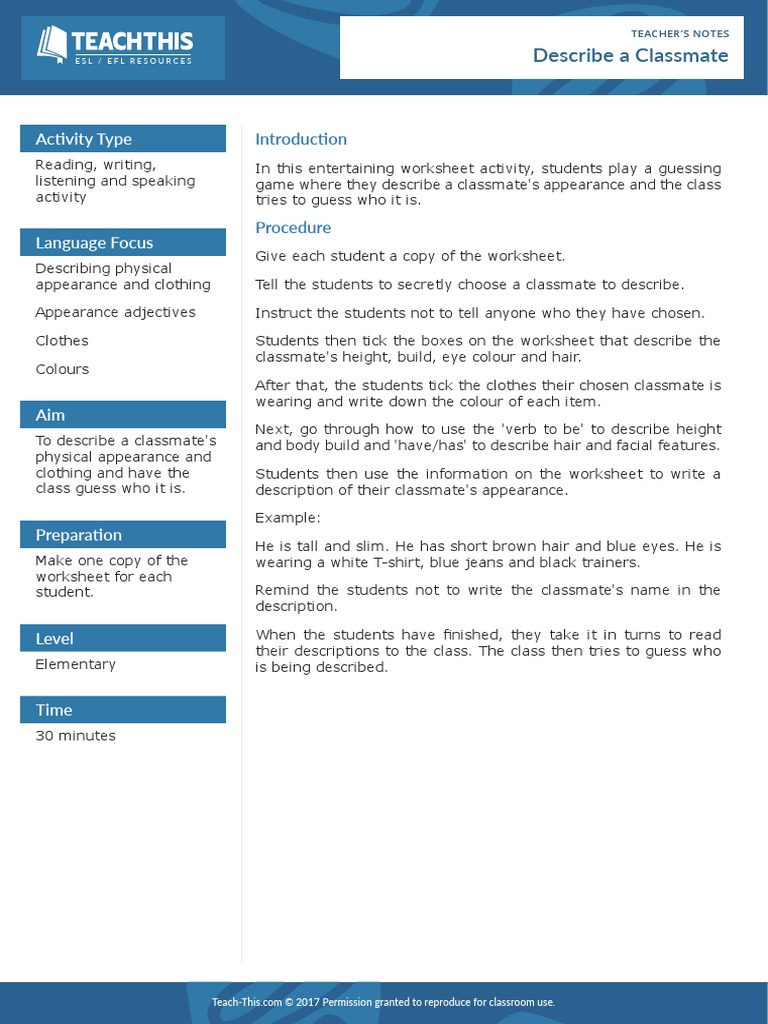 Describe A Classmate | PDF | English As A Second Or Foreign Language ...