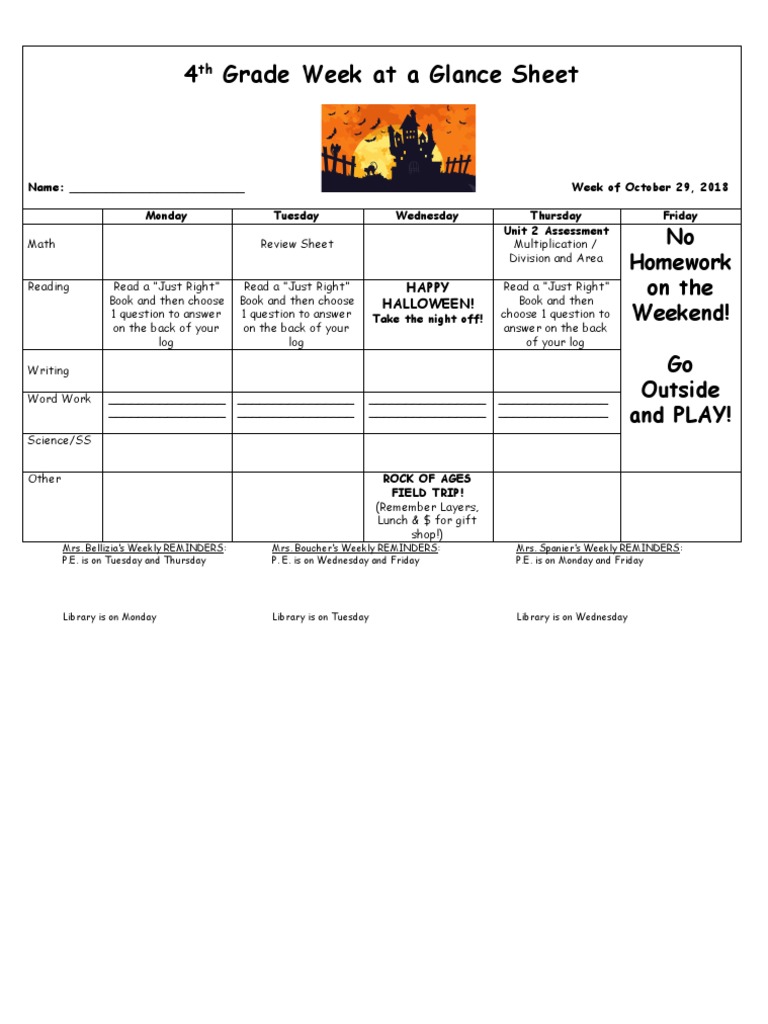4 Grade Week at A Glance Sheet: No Homework On The Weekend! Go Outside ...