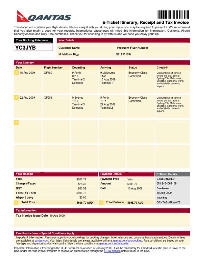 Qantas Itinerary | PDF | Identity Document | Baggage