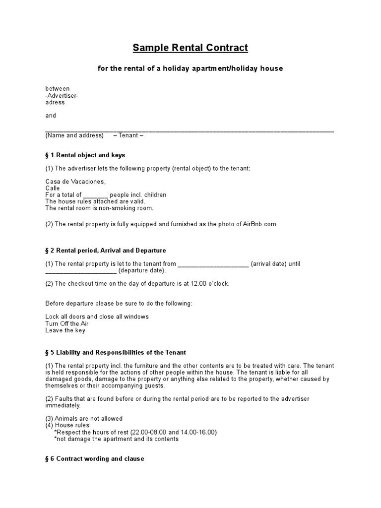 Sample Rental Contract: For The Rental of A Holiday Apartment/holiday ...