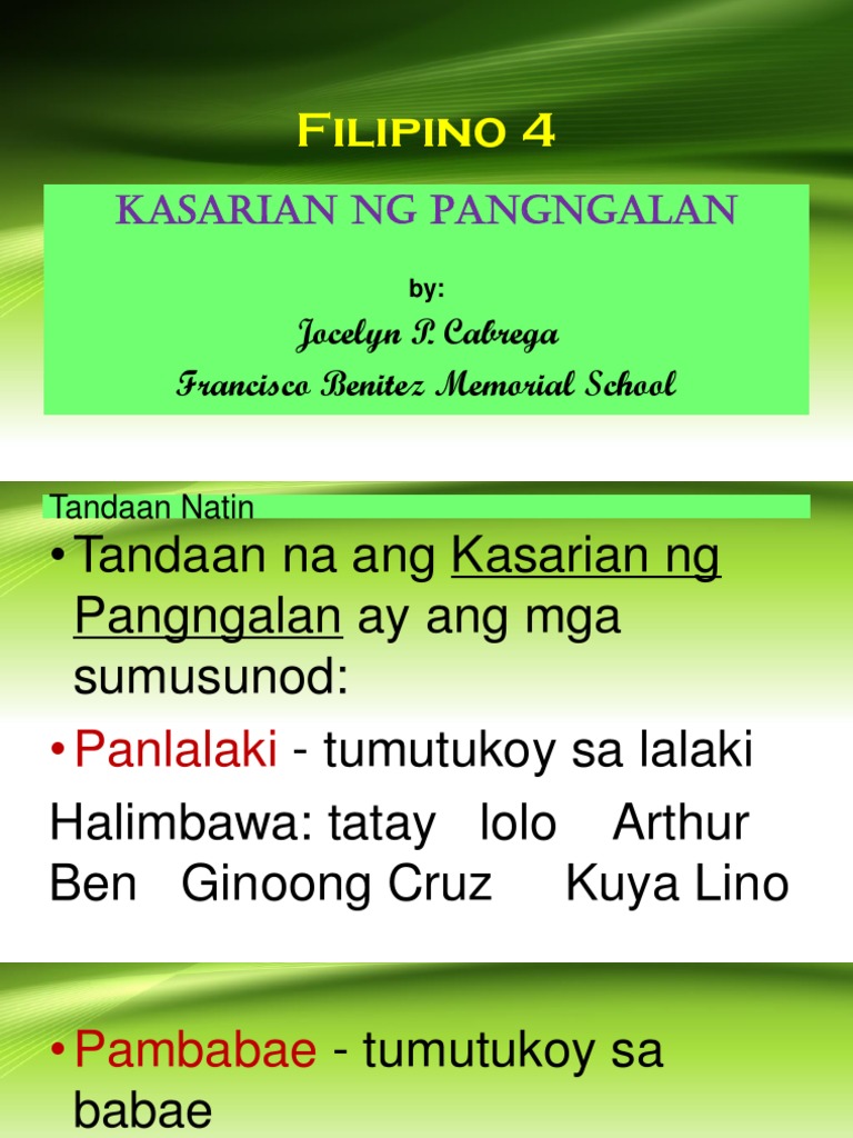 Filipino 4 Kasarian NG Pangngalan | PDF