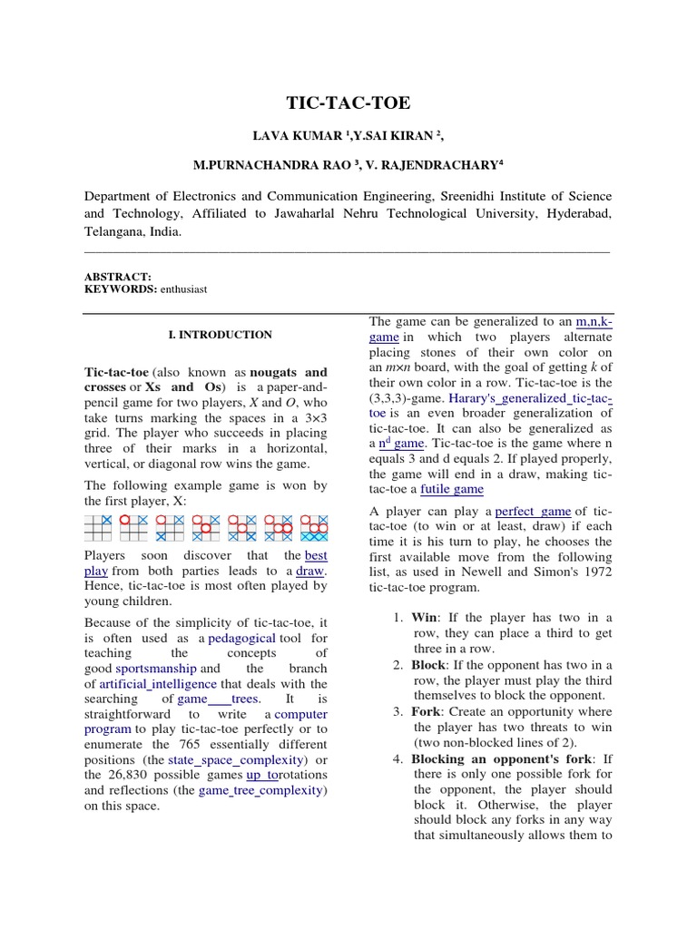 Tic Tac Toe Project Ieee Format | PDF | Areas Of Computer Science ...