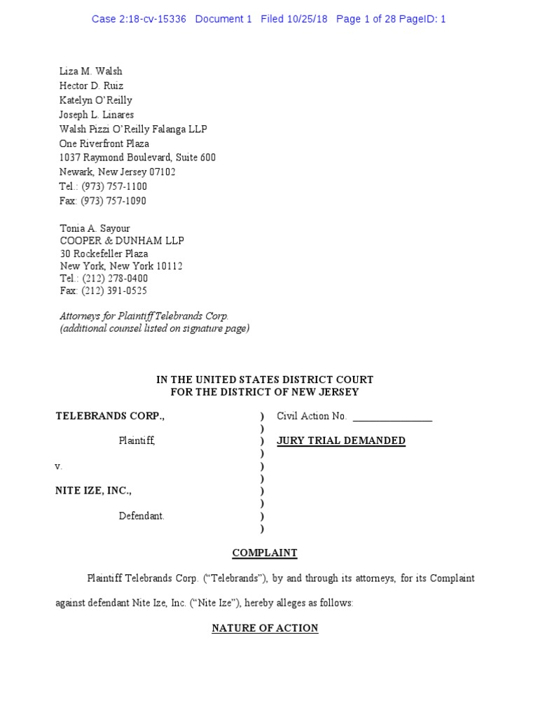 Telebrands v. Nite Ize - Complaint | PDF | Declaratory Judgment ...