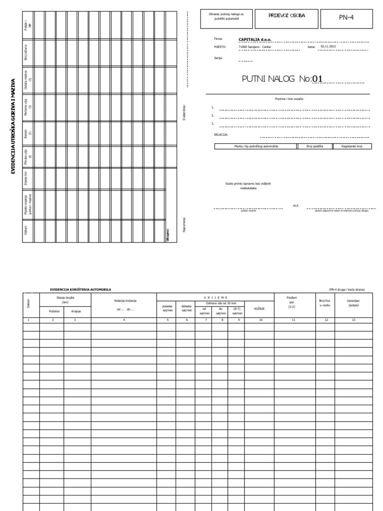 Obrazac Putnog Naloga Za Putnicki Automobil PN 4 PDF | PDF