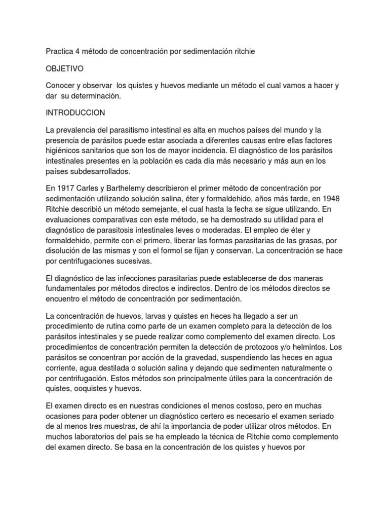 Método Ritchie para Diagnóstico Parasitario | PDF | Heces | Concentración