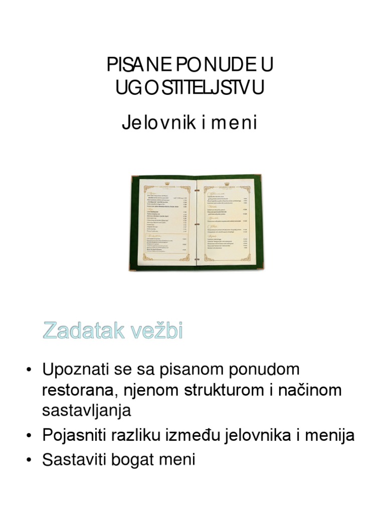 Jelovnik I Meni - Pisane Ponude U Ugostiteljstvu | PDF