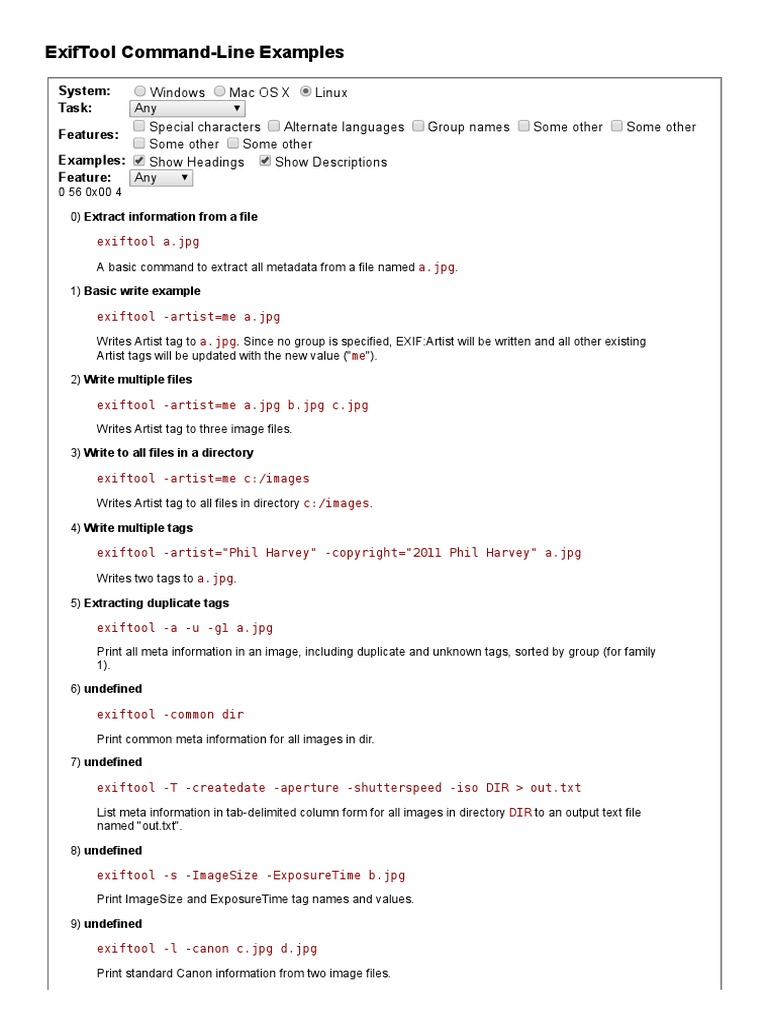 ExifTool Command-Line Examples | PDF | Metadata | Tag (Metadata)