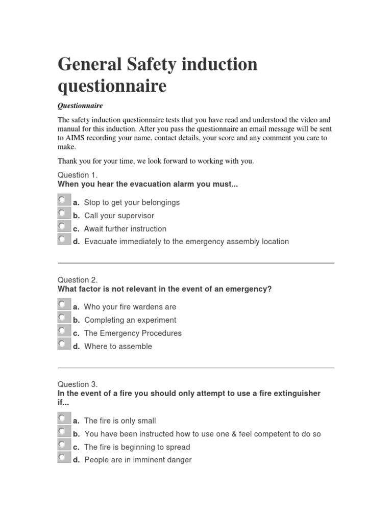 General Safety Induction Questionnaire | PDF