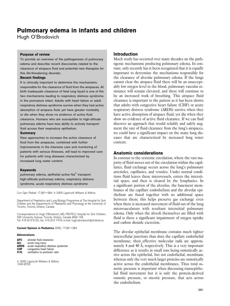 Pulmonary Edema in Infants and Children: Hugh O'Brodovich | PDF | Lung ...