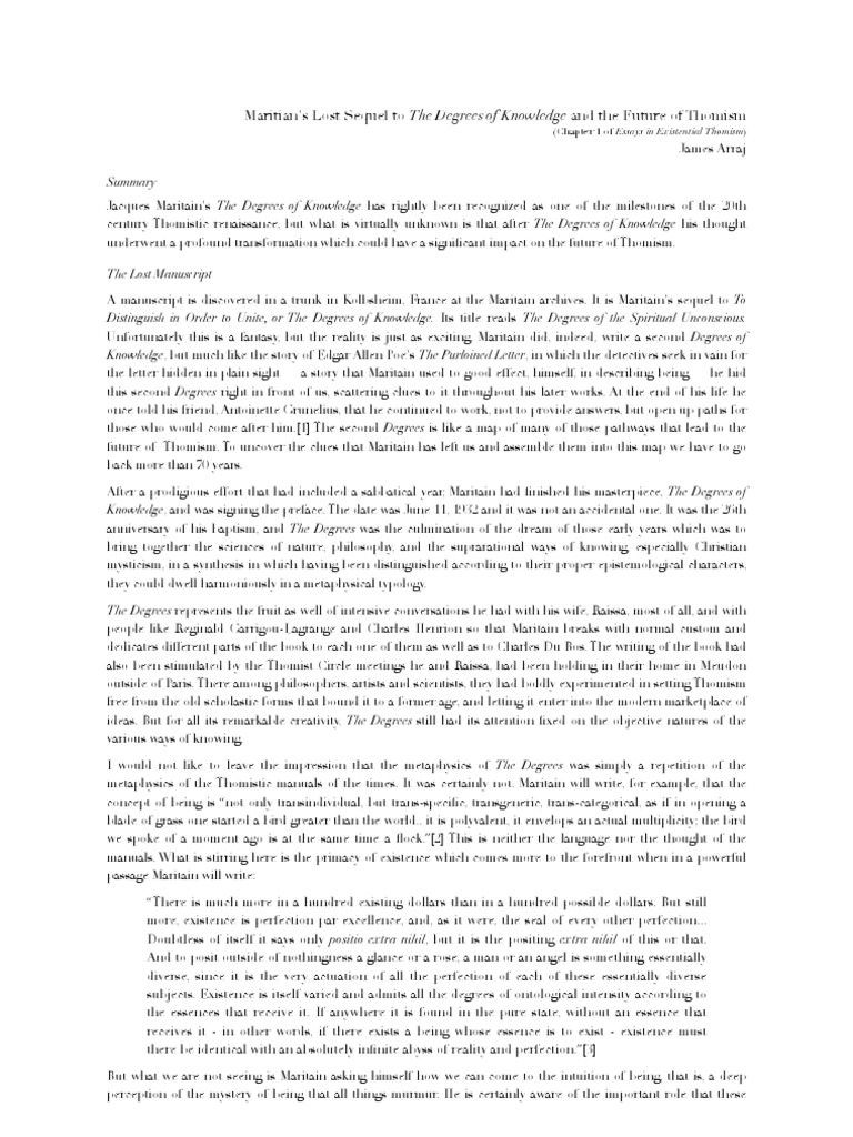 James Arraj - Maritian's Lost Sequel To The Degrees of Knowledge and The Future of Thomism | PDF ...
