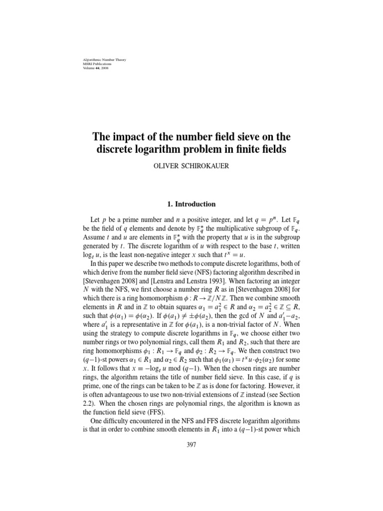 The Impact of The Number Field Sieve On The Discrete Logarithm Problem in Finite Fields | PDF ...