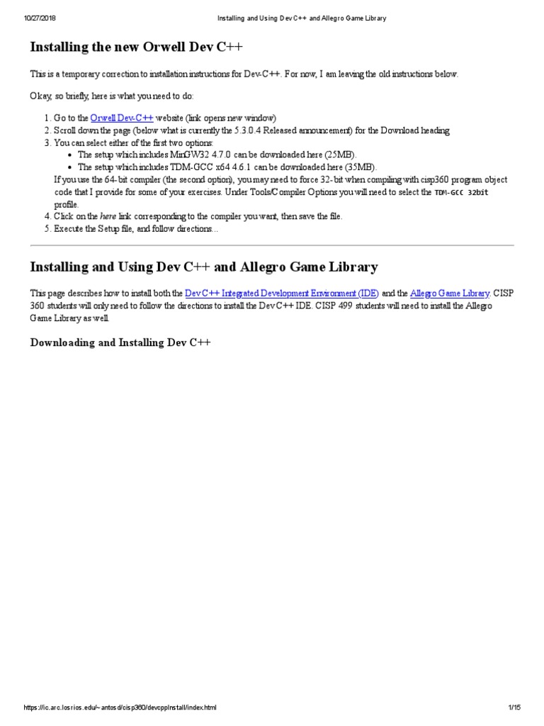 Installing and Using Dev C++ and Allegro Game Library | PDF | C++ ...