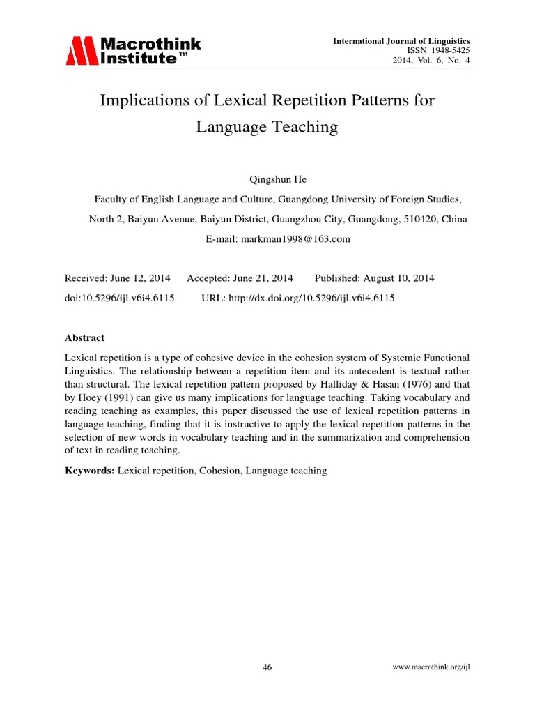 Implications of Lexical Repetition Patterns For Language Teaching | PDF ...