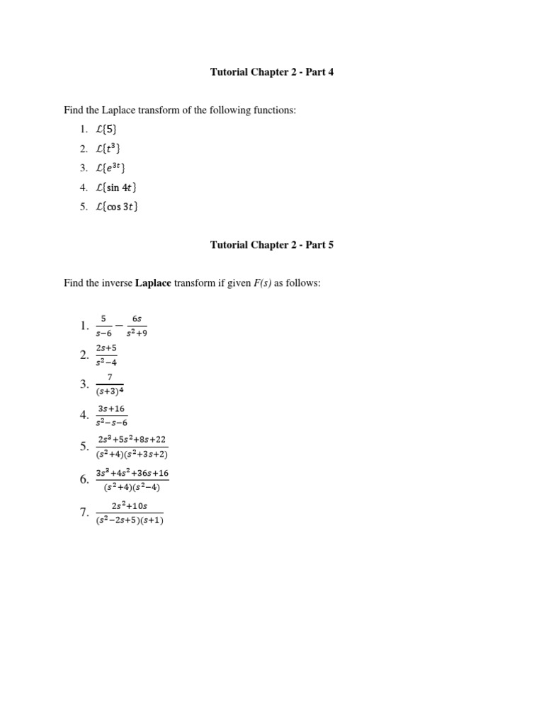 Laplace Transform Tutorial Exercises | PDF