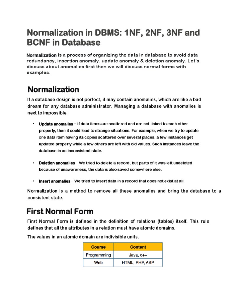 DBMS Normalization: 1NF, 2NF, 3NF and BCNF Explained | PDF | Databases ...
