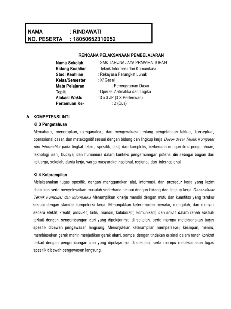 RPP Pemrograman Dasar Kelas X Operator Aritmatika | PDF | Seni | Komputer