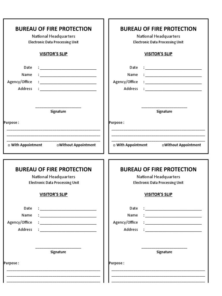 Bureau of Fire Protection Bureau of Fire Protection: Visitor'S Slip ...