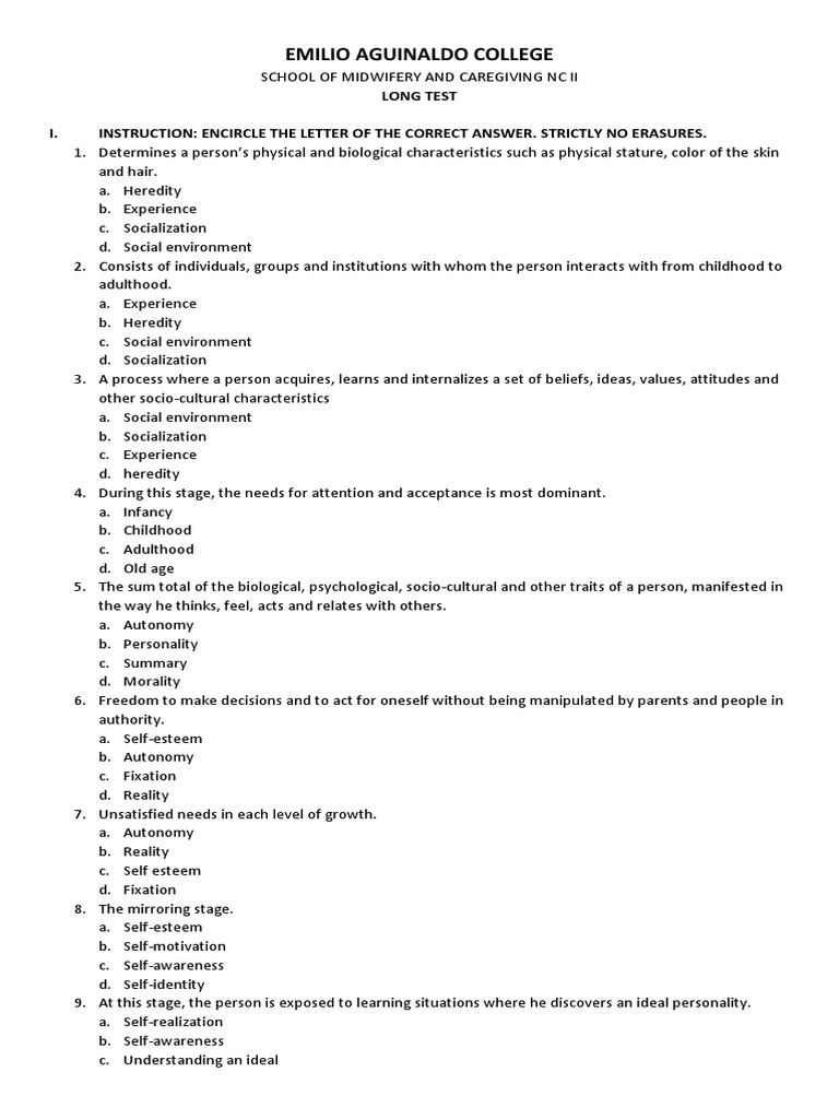 Emilio Aguinaldo College: Long Test I. Instruction: Encircle The Letter ...