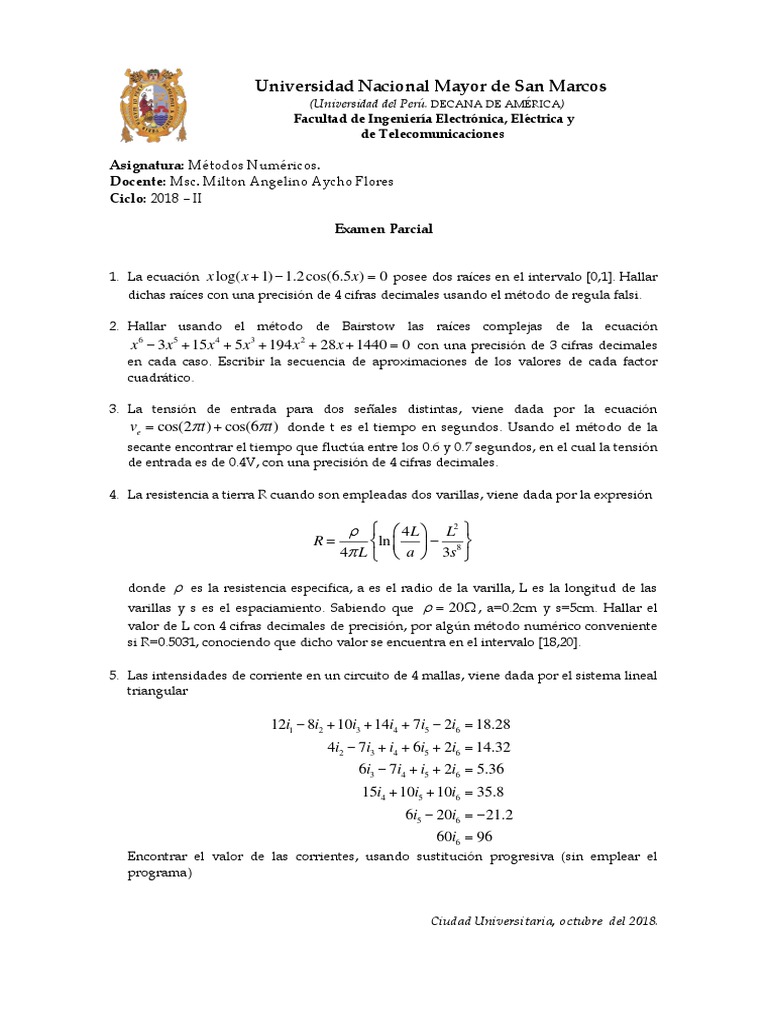 Examen Parcial Metodos Numericos 2018-II | PDF | Análisis numérico | Resistencia Eléctrica y ...