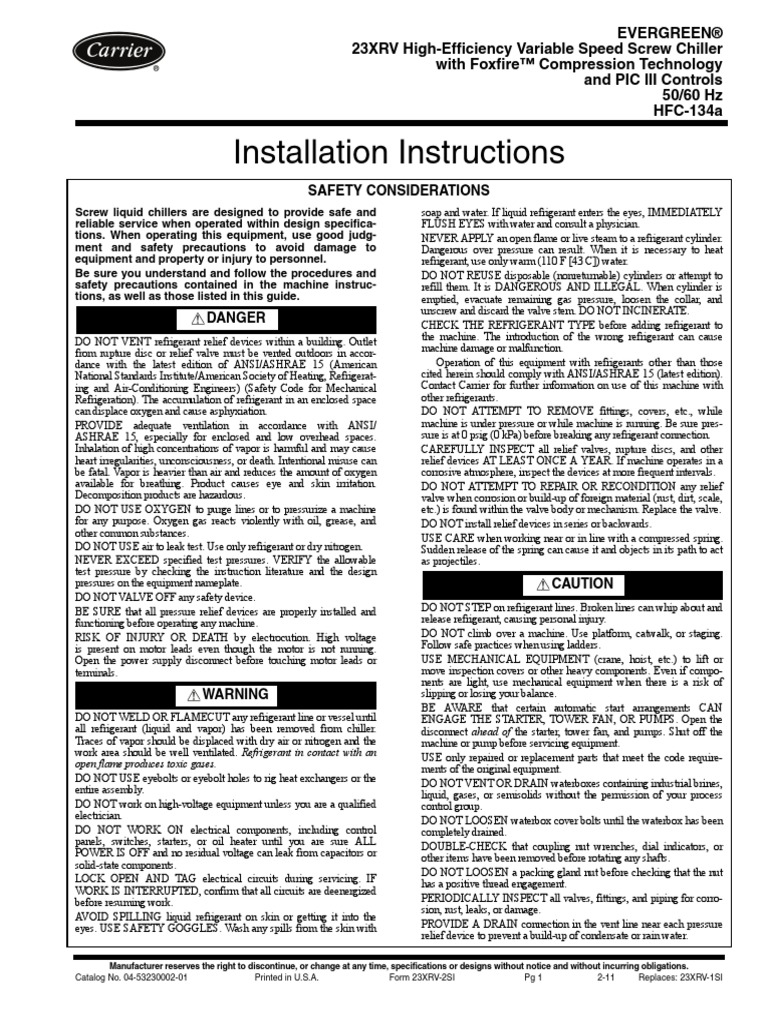 Installation Manual Carrier 23XRV | PDF | Valve | Heat Exchanger