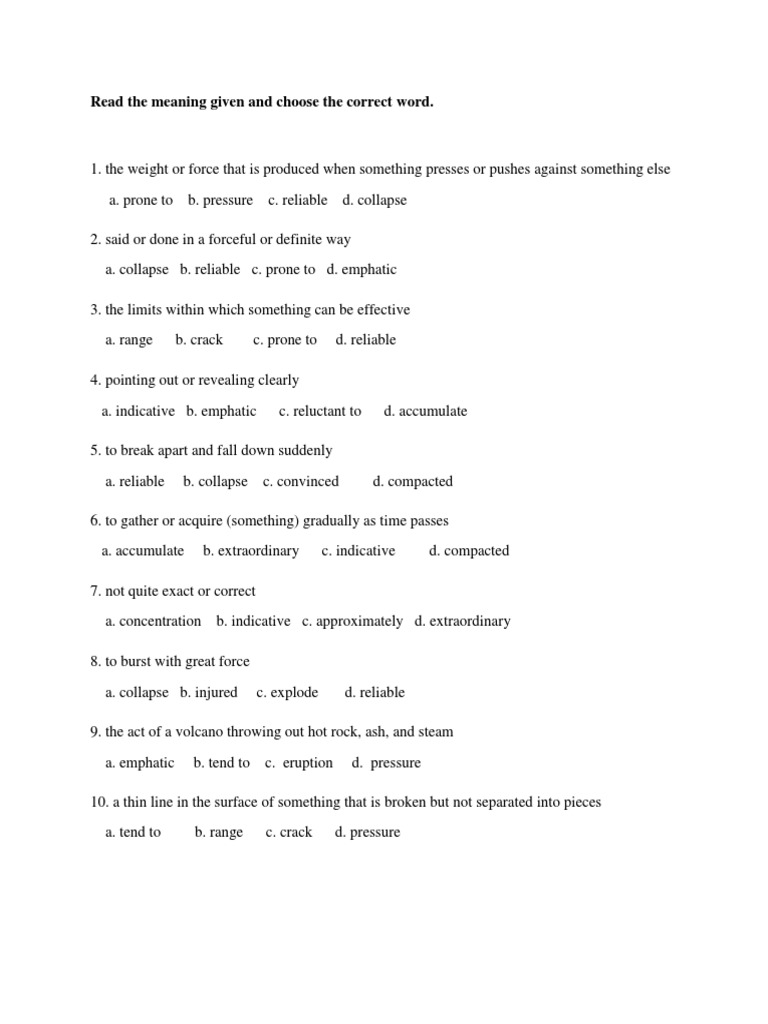 Read The Meaning Given and Choose The Correct Word | PDF