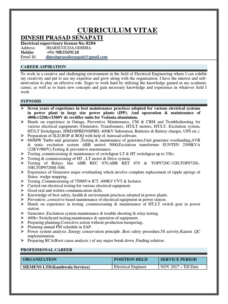 Curriculum Vitae: Dinesh Prasad Senapati | PDF | Electrical Substation ...