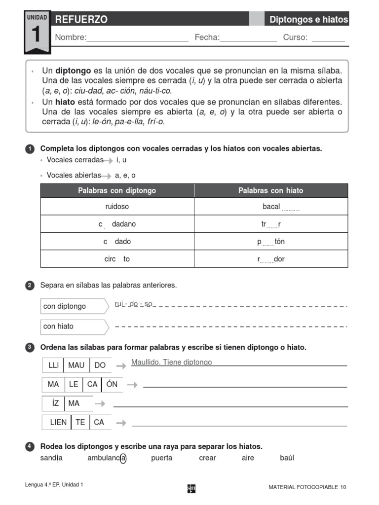 Unidad 1 Ejercicios de Refuerzo Diptongos e Hiatos | PDF