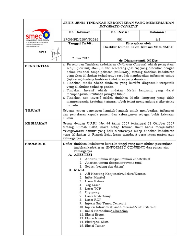 Spo Jenis-Jenis Tindakan Kedokteran Yang Memerlukan Informed Consent ...