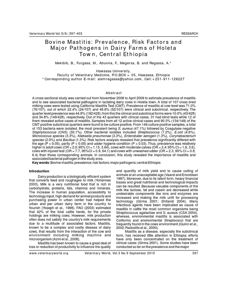 Bovine Mastitis Prevalence, Risk Factors and Major Pathogens in Dairy ...