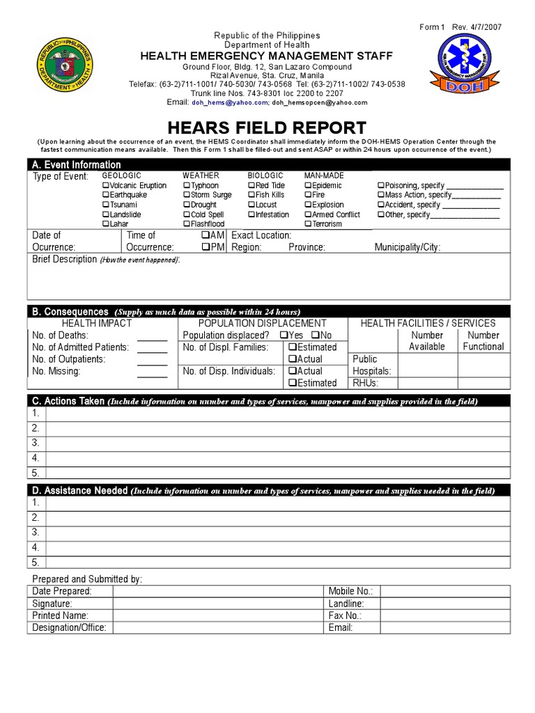 Form 1 - HEARS Field Report As of Jan 25 - 0 | PDF
