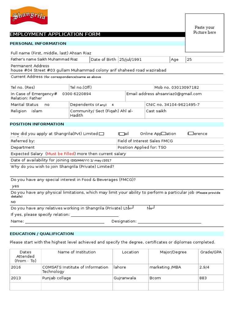 (Sales) - Employment Application Form - Ms Shangrila (Private) Limited ...