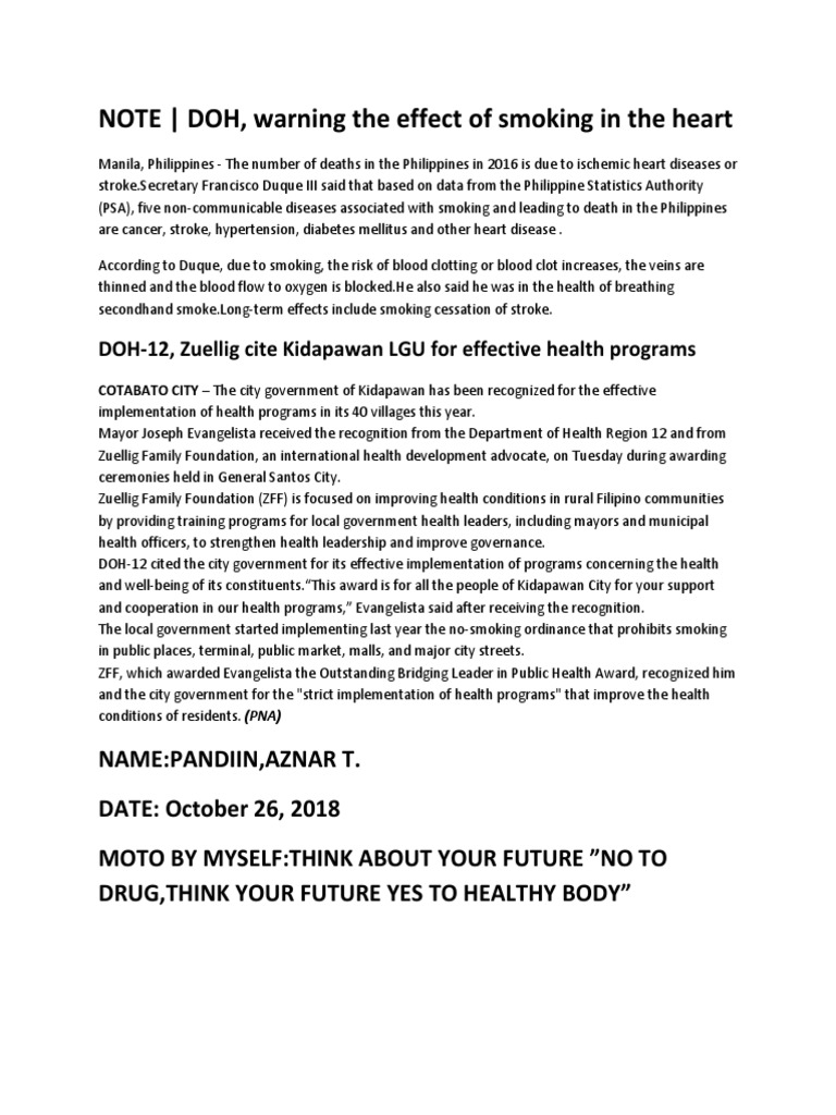 NOTE - DOH, Warning The Effect of Smoking in The Heart: DOH-12, Zuellig ...