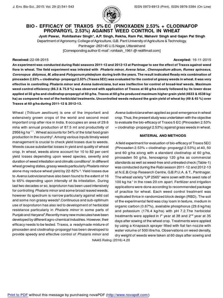 Bio - Efficacy of Traxos 5% Ec (Pinoxaden 2.53% + Clodinafop | PDF | Wheat | Agriculture