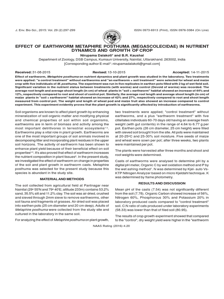 Impact of Metaphire posthuma on Crop Growth | PDF | Organic Matter | Soil